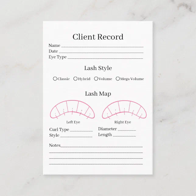Eyelash extension client Record form Business Card | Zazzle