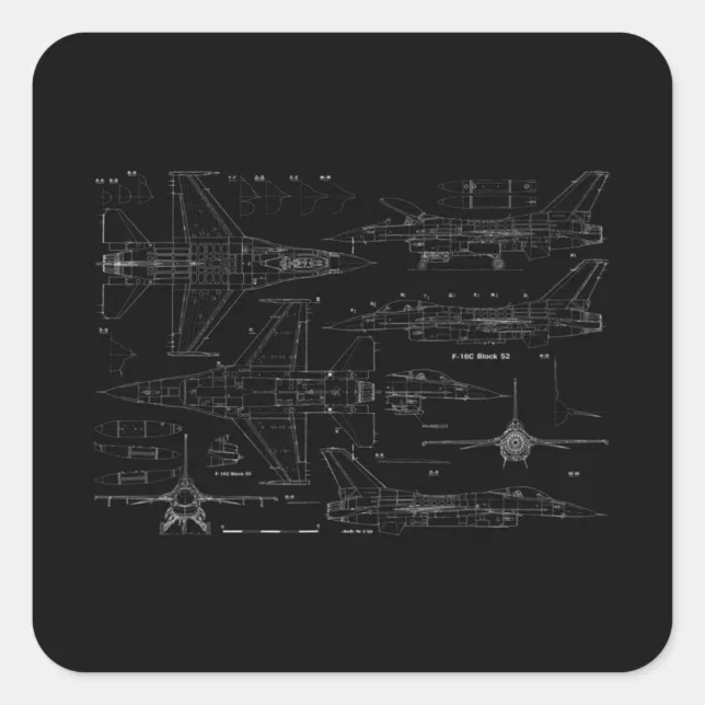 F16 Jet Aircraft Fighter Jet Blueprint Design Square Sticker | Zazzle