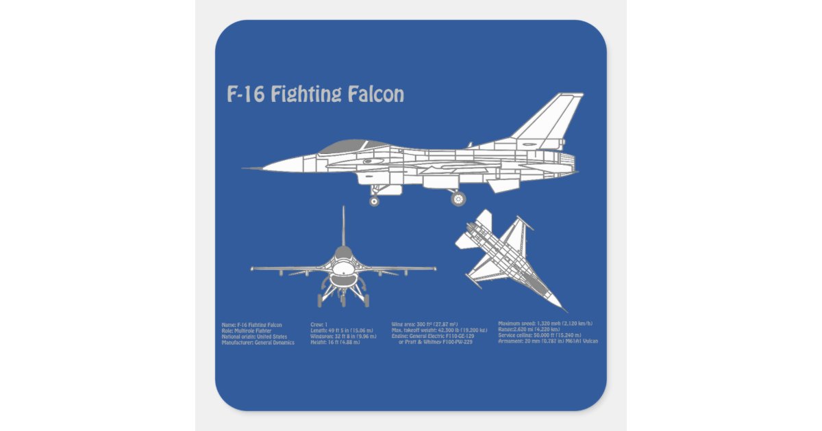 F-16 Fighting Falcon - Airplane Blueprint Plan ABD Square Sticker | Zazzle