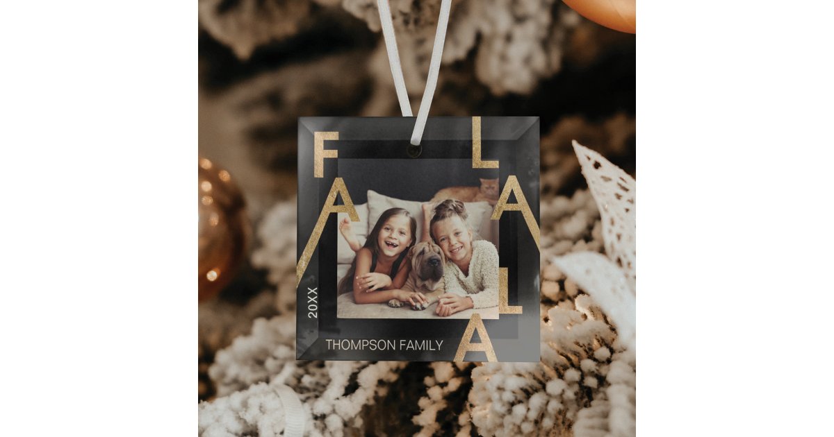 Fa La La Bold Letters Minimalist Modern Photo Glas Glass Ornament | Zazzle
