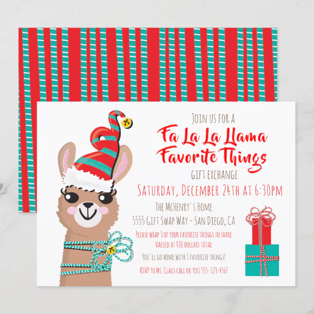 Fa la la Llama Favorite Things Gift exchange Invitation | Zazzle