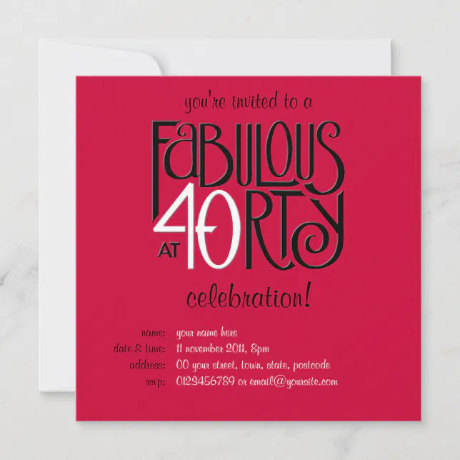 Fabulous 40 black white red Birthday Invitation | Zazzle