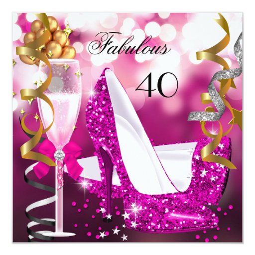 Fabulous 40 Hot Pink Gold Bubbles Glitter Party 3 Card | Zazzle