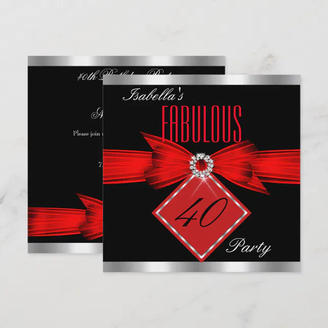 Fabulous 40 Red Black Silver Birthday Party Invitation | Zazzle