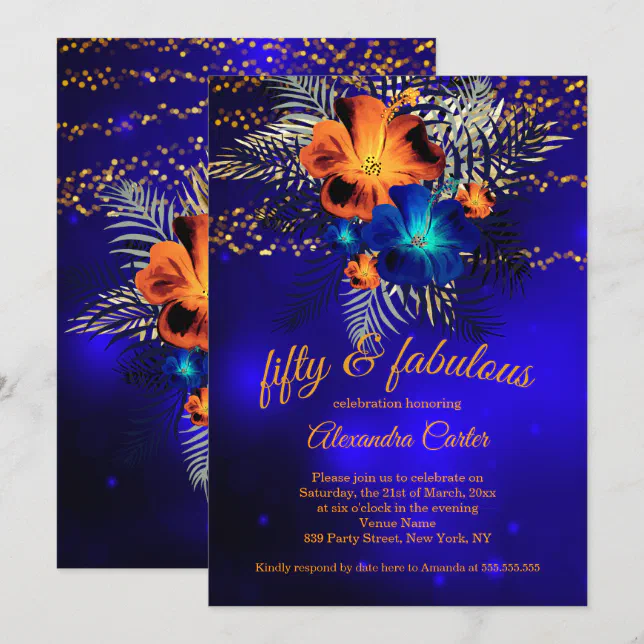 Fabulous 50 Blue glow Orange Hibiscus Birthday Invitation | Zazzle
