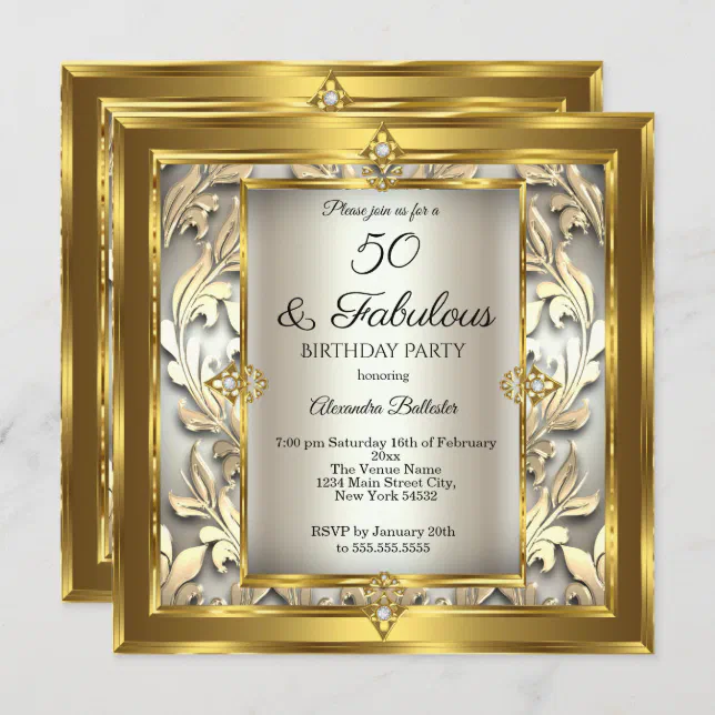 Fabulous 50 Cream Gold Floral Damask Birthday Invitation Zazzle