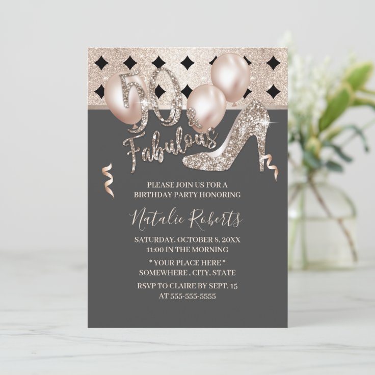 Fabulous 50 Geometric Gold High Heel Birthday Invitation | Zazzle