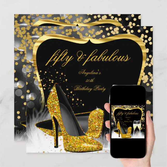 Fabulous 50 Party Black Gold Champagne High Heel Invitation | Zazzle