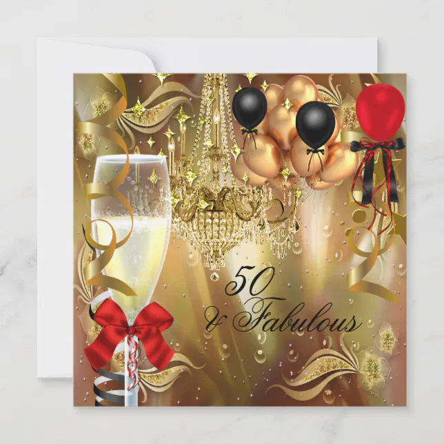 Fabulous 50 Party Red Gold Champagne Party Invitation | Zazzle