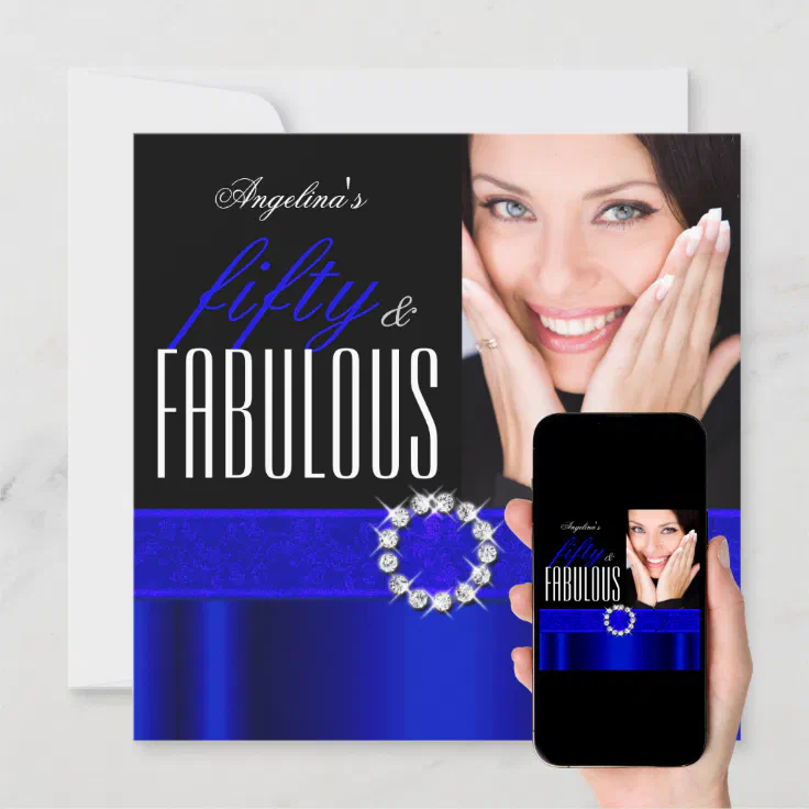Fabulous 50 Royal Blue Black Photo Birthday Party Invitation Zazzle