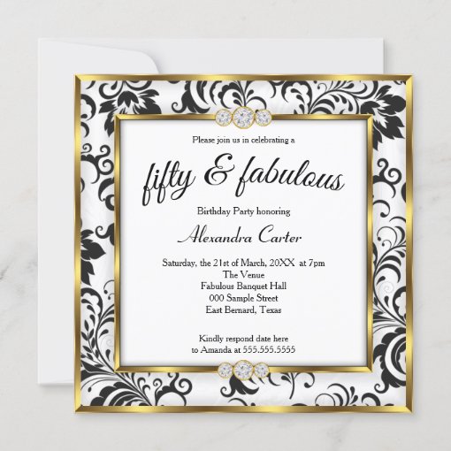 Fabulous 50th Photo Black white Gold Damask Party Invitation | Zazzle
