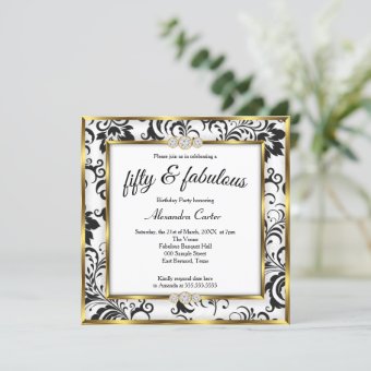 Fabulous 50th Photo Black white Gold Damask Party Invitation | Zazzle