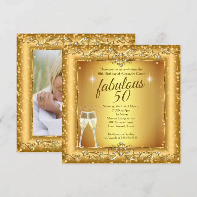 Fabulous 50th sparkle Gold champagne Party Photo Invitation | Zazzle