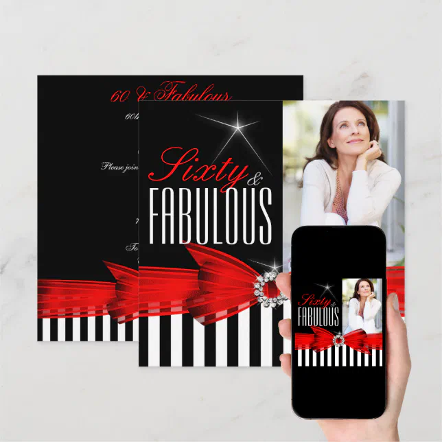 Fabulous 60 Red Black White Stripe Birthday Party Invitation | Zazzle