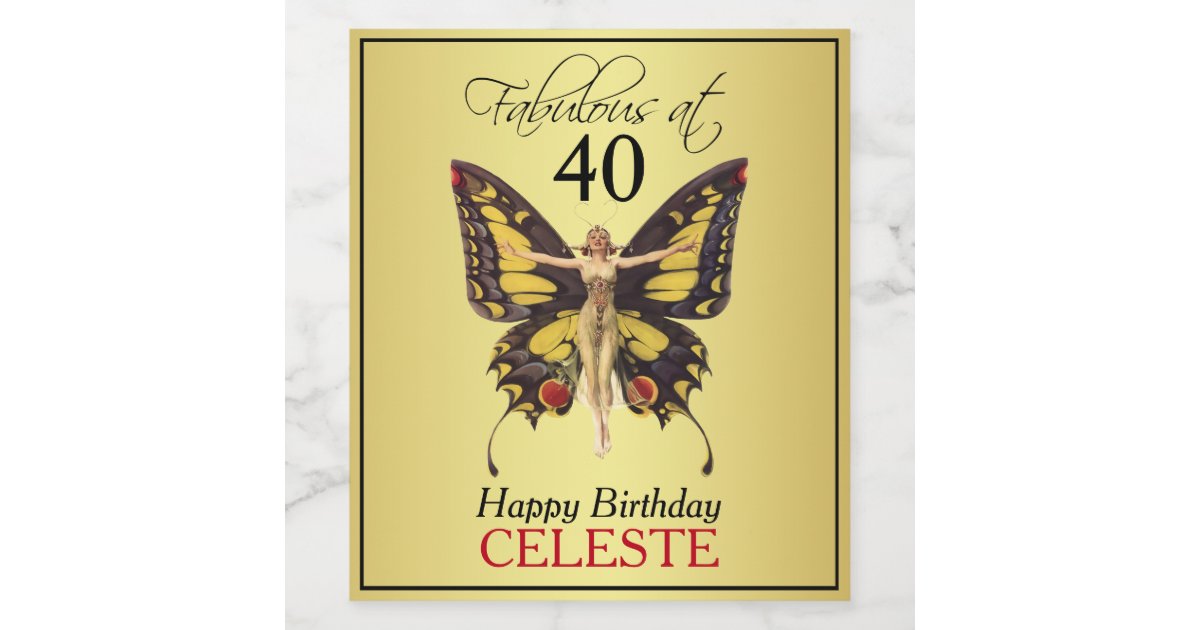 Fabulous at 40 Vintage Flapper Butterfly Wine Label | Zazzle