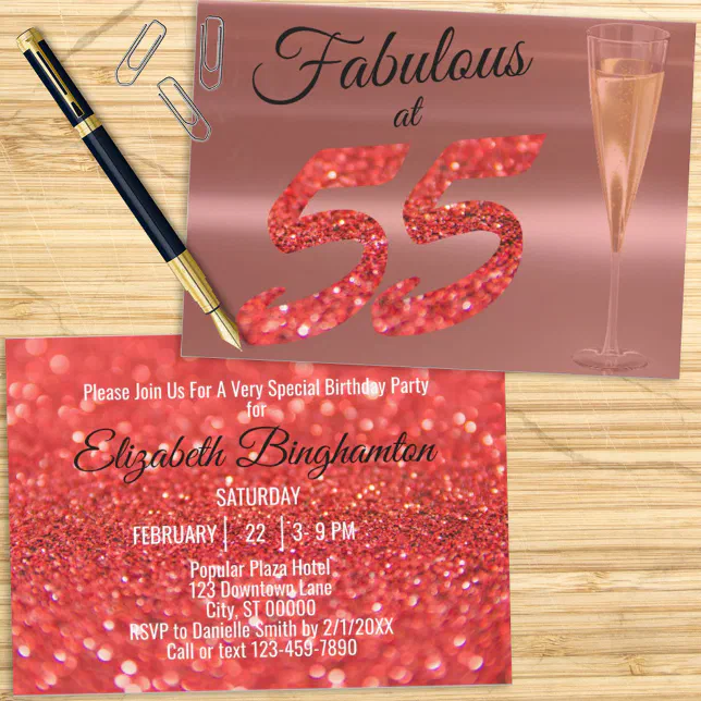 Fabulous at 55 Birthday Coral Glitter Party Invitation | Zazzle