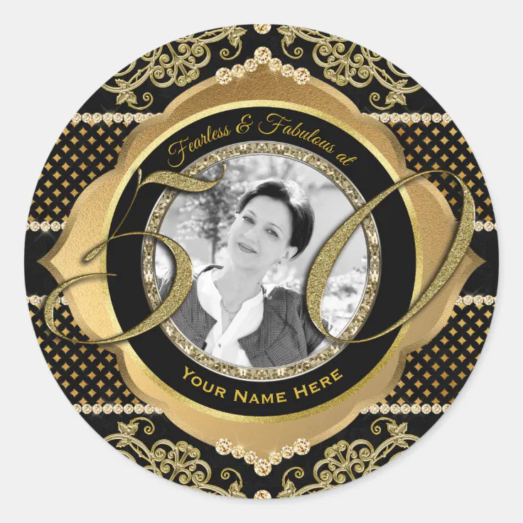 Fabulous at Fifty Gold Diamonds Black Photo Frame Classic Round Sticker ...