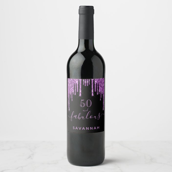 Fabulous birthday black purple glitter elegant 50 wine label | Zazzle.com