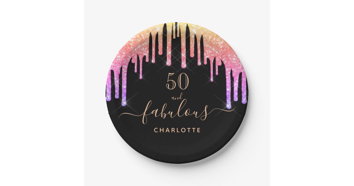 Fabulous birthday black rainbow glitter sparkle paper plates | Zazzle
