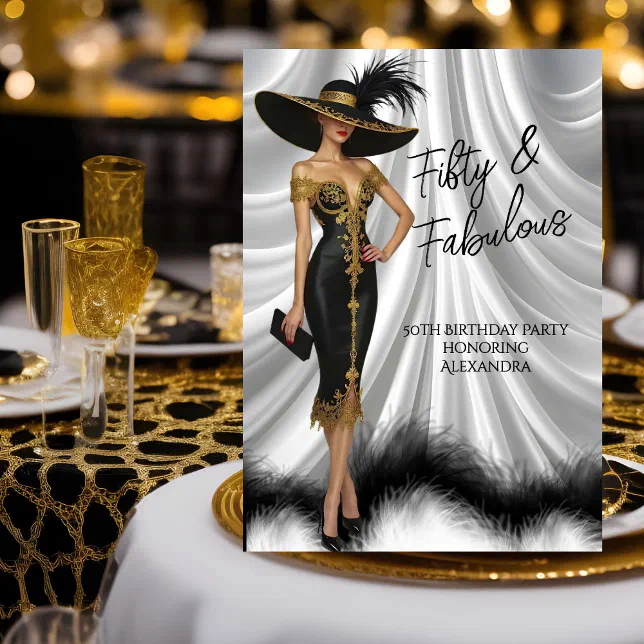 Fabulous Birthday Glamorous Woman Black Gold Invitation | Zazzle