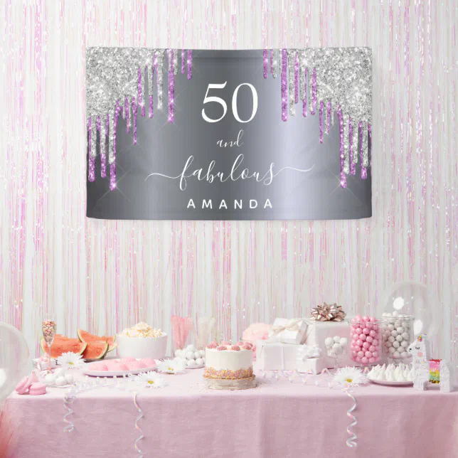 Fabulous birthday silver purple glitter glam banner | Zazzle