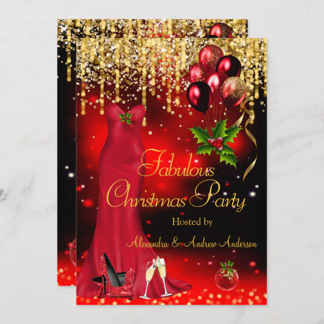 Fabulous Christmas Holiday Party Red Glitter Gold Invitation | Zazzle
