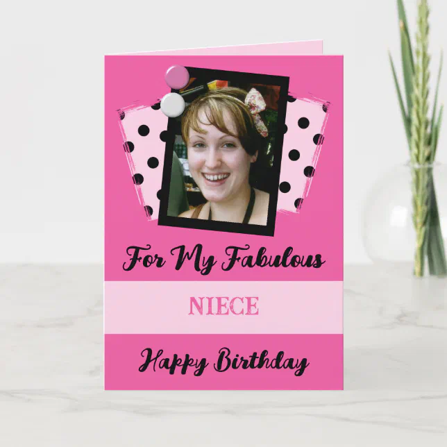 Fabulous niece photo name pink black birthday card | Zazzle
