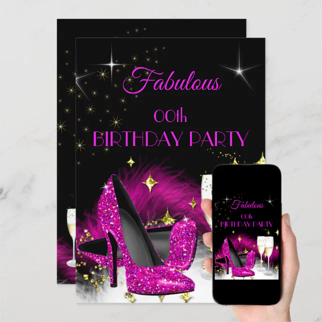 Fabulous Party Glitter Hot Pink Champagne Invitation Zazzle