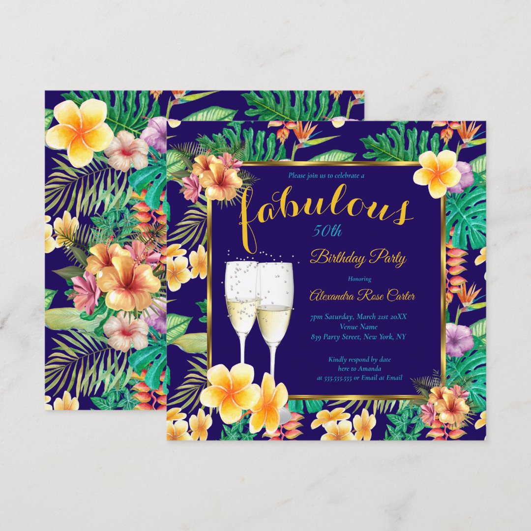 Fabulous Tropical floral blue Champagne Party Invitation | Zazzle