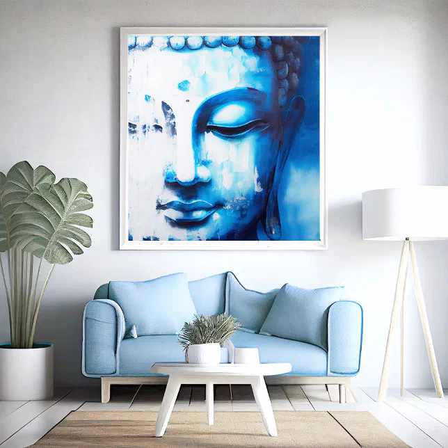 Face of Buddha in Blue | Digital Art Poster | Zazzle
