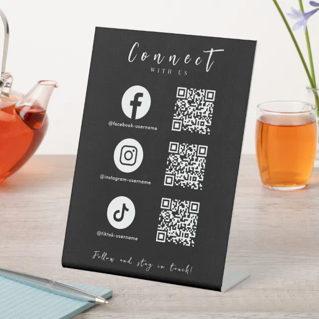 Facebook Instagram Tiktok QR Code Modern Black Pedestal Sign | Zazzle