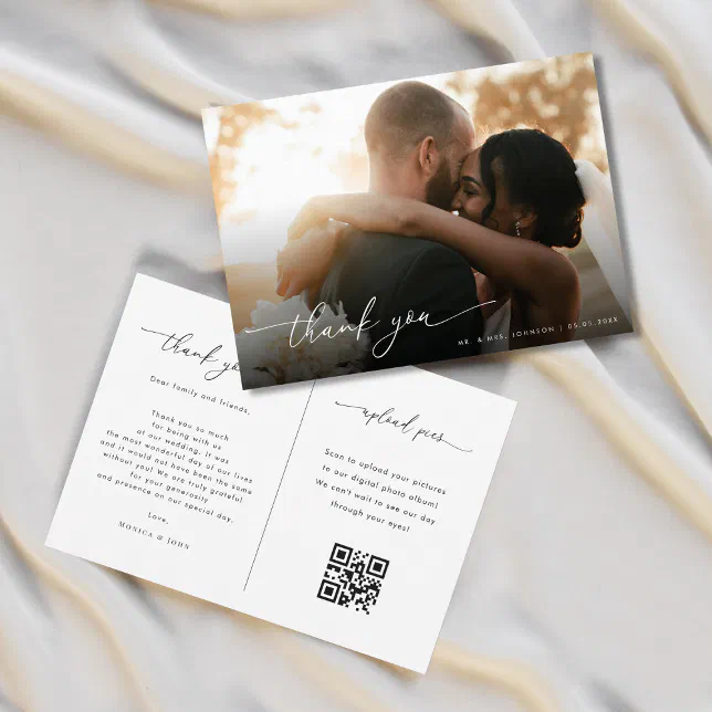 Faded Photo Script & QR Code Photo Gallery Wedding Thank You Card | Zazzle