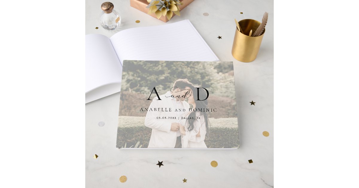 Fading Faded Photo Monogram Elegant Script Wedding Guest Book | Zazzle