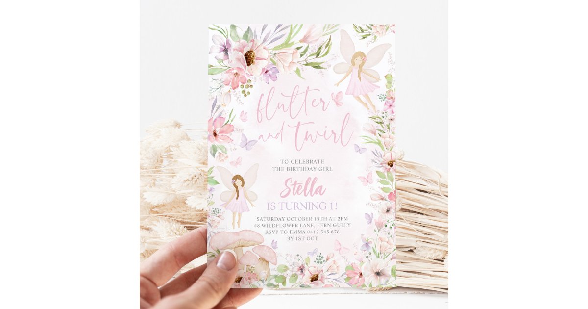 Fairy 1st Birthday Invitation Flutter & Twirl Pink | Zazzle