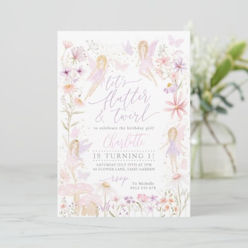 Fairy 1st Birthday Party Flutter and Twirl Invitation | Zazzle