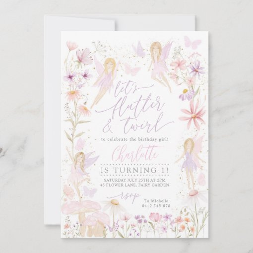 Fairy 1st Birthday Party Flutter and Twirl Invitation | Zazzle