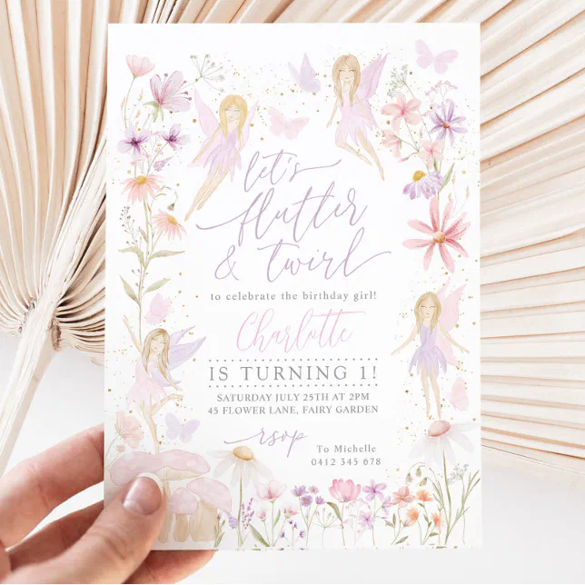 Fairy 1st Birthday Party Flutter and Twirl Invitation | Zazzle