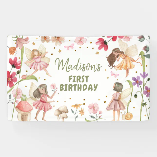 Fairy Birthday 1st Enchanted Forest Girl Backdrop Banner | Zazzle