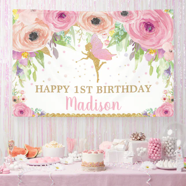 Fairy Birthday Party Pink Floral Welcome Backdrop Banner | Zazzle