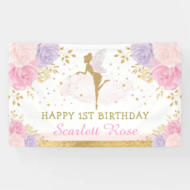 Fairy Birthday Pink Purple Gold Magical Party Banner | Zazzle