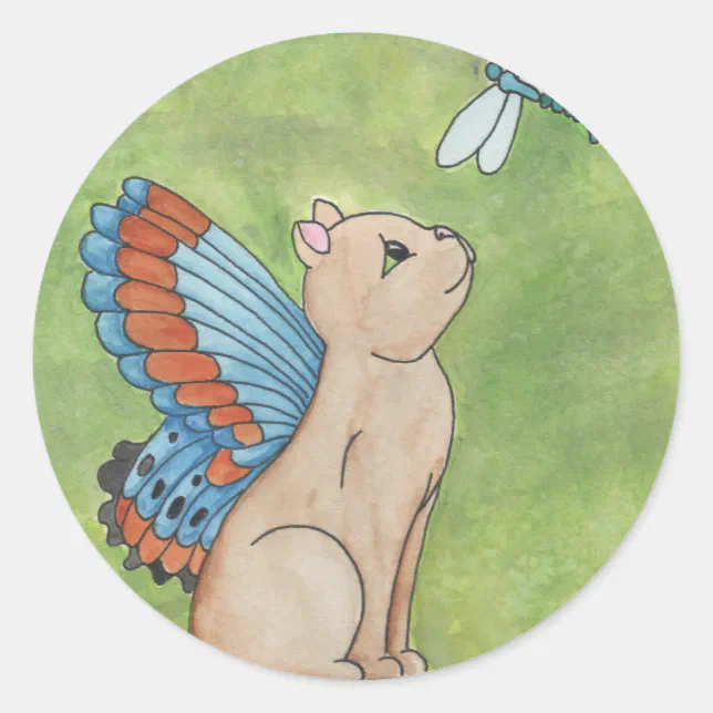 Fairy Cat With Dragonfly Classic Round Sticker | Zazzle