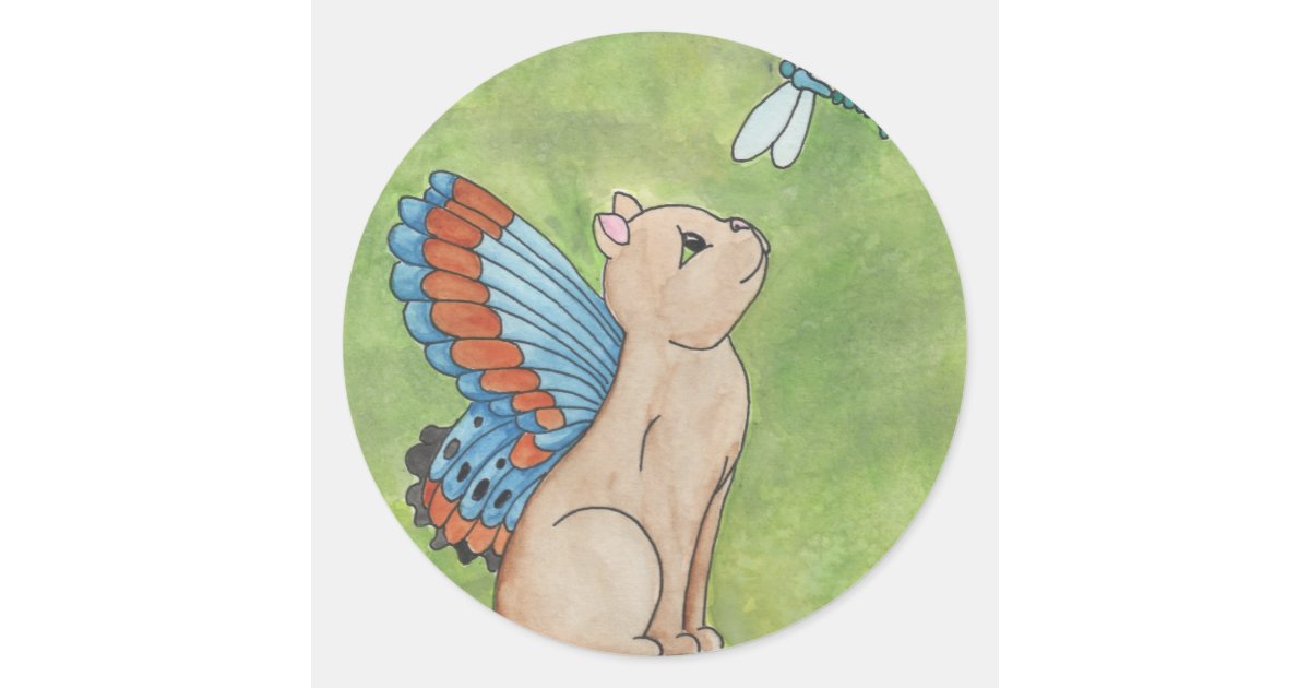 Fairy Cat With Dragonfly Classic Round Sticker | Zazzle