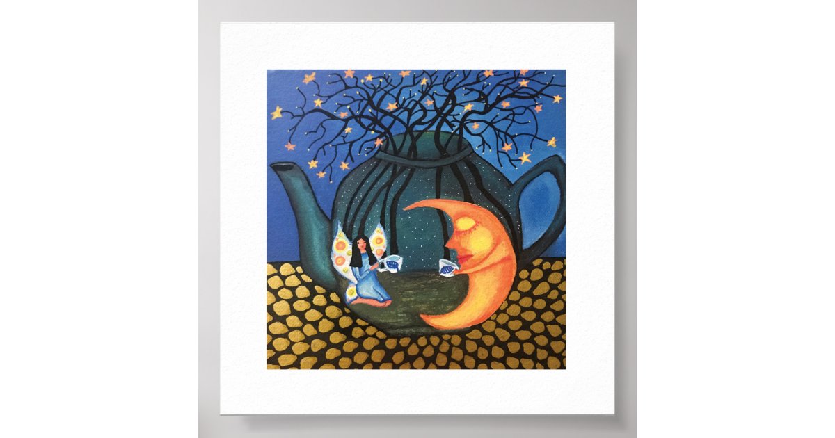 Fairy drinking tea wit the moon ,poster, wall art, poster | Zazzle