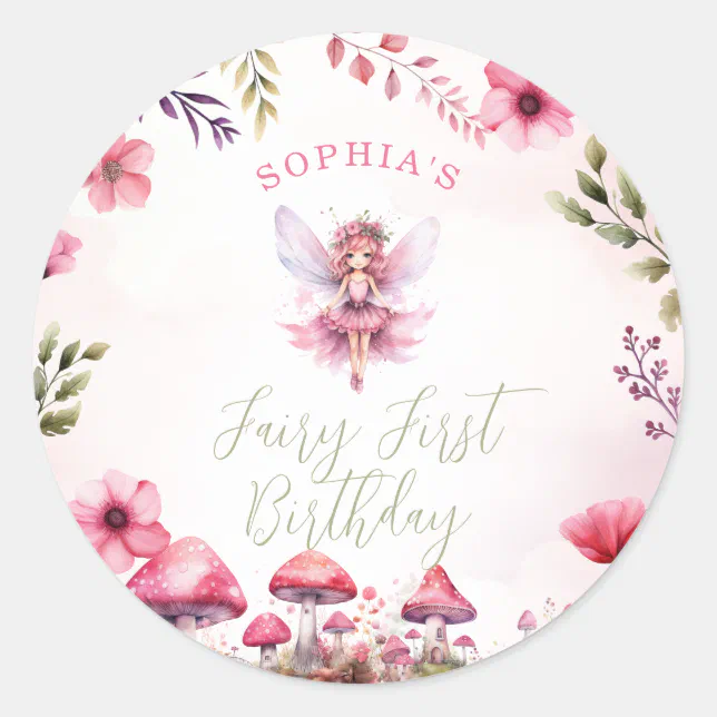 Fairy First Birthday Enchanted Forest Mushroom Classic Round Sticker ...