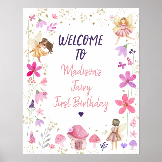 Fairy First Birthday Enchanted Garden Welcome Poster | Zazzle