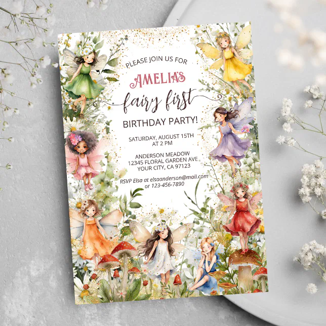 Fairy First Cute Floral Fairies Girls 1st Birthday Invitation | Zazzle