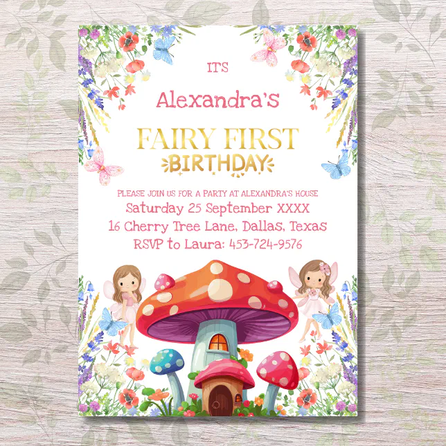 Fairy First Floral Girl 1st Birthday Party Invitation | Zazzle