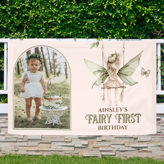 Fairy First Personalized Photo Pink 1st Birthday Banner | Zazzle