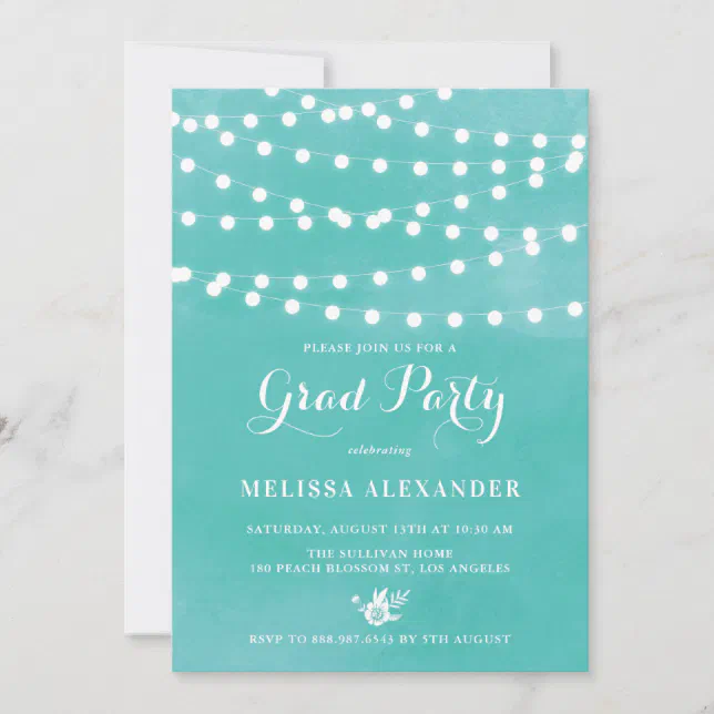 Fairy Lights Teal Graduation Party Invitation | Zazzle