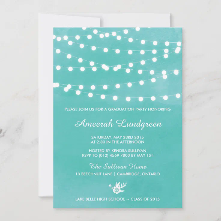 Fairy Lights Teal Graduation Party Invitation | Zazzle